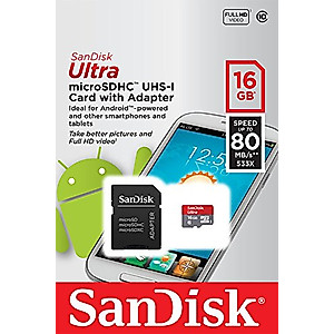 SanDisk Ultra 16GB Ultra Micro SDHC UHS-I/Class 10 Card with Adapter (SDSQUNC-016G-GN6MA)
