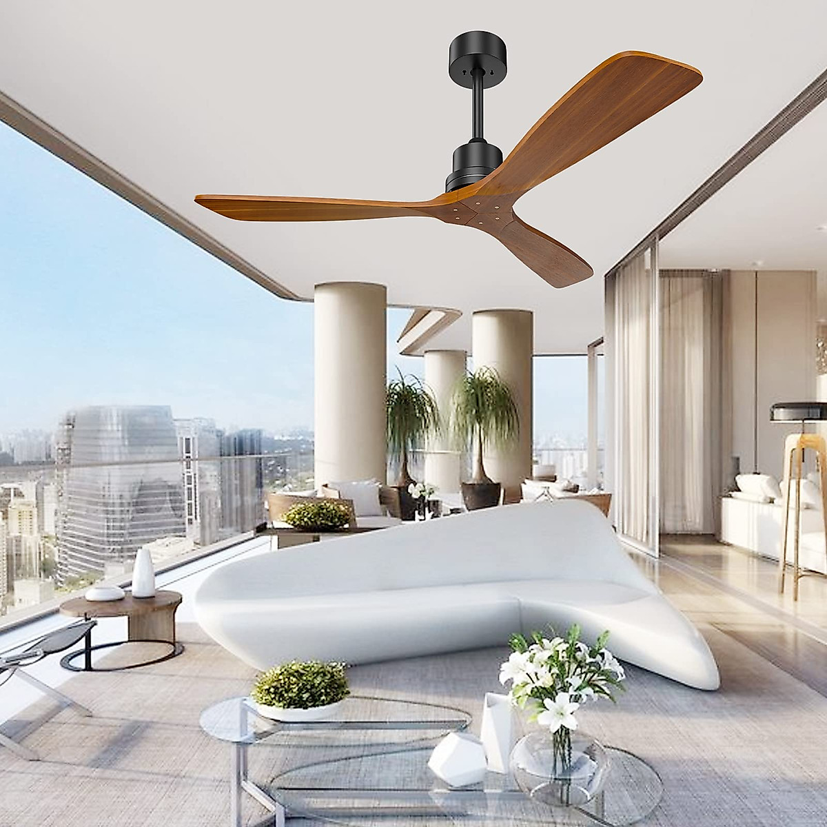 Obabala Modern Ceiling Fan No Light with Remote, Outdoor Ceiling Fan Without Light 3 blade Wood Walnut Fan for Patios/Farmhouse Reversible DC Motor, 52'', Brown