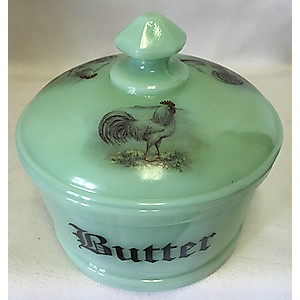Butterdish / Butter Tub - "Butter" w/ White Leghorn Rooster Chicken - Jade Jadeite Jadite Green Glass - American Made