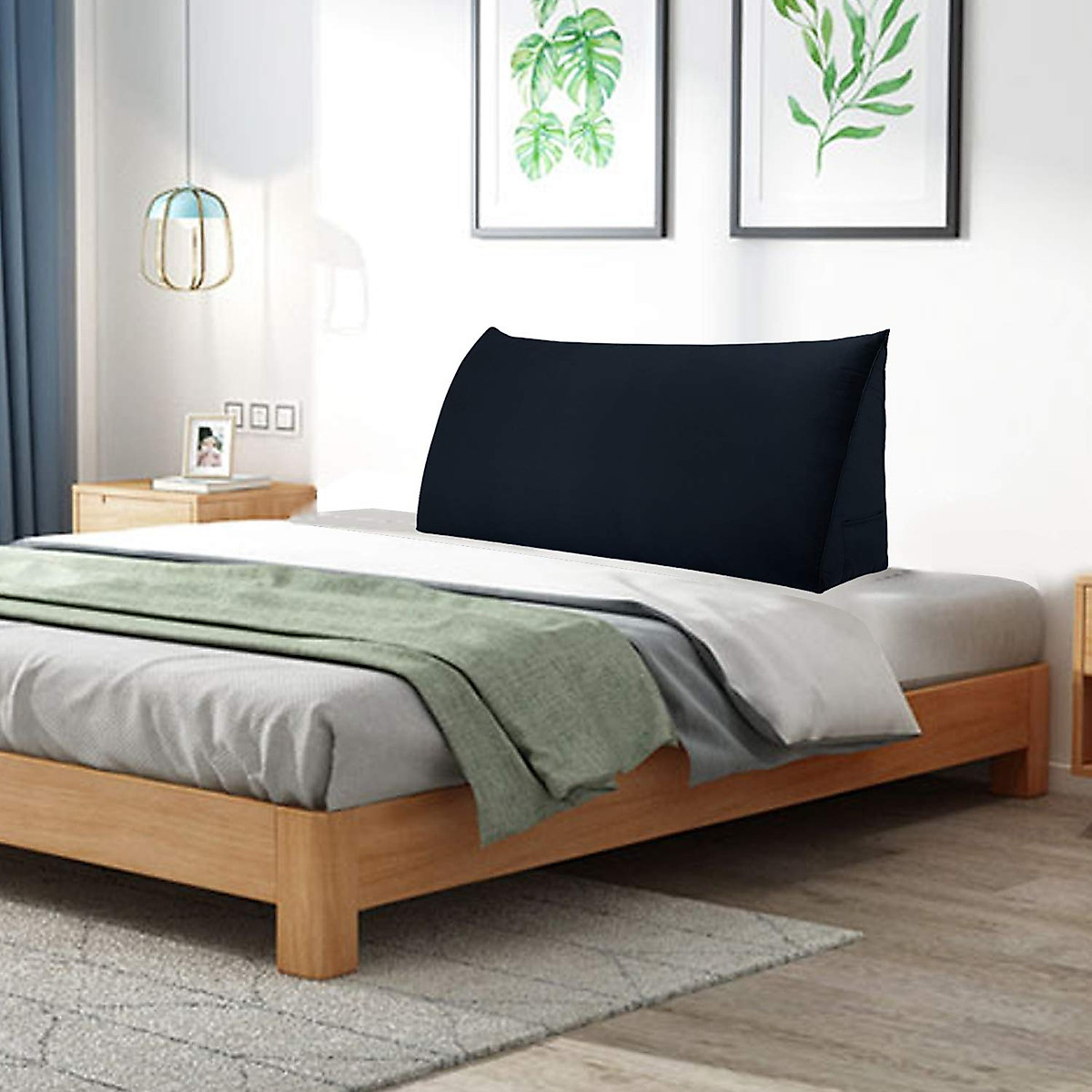 VERCART Large Reading Bed Wedge Pillow, Triangular Upholstered Headboard, Backrest Back Support for Sitting Up in Bed with Removable Velvet Black Cover, California King