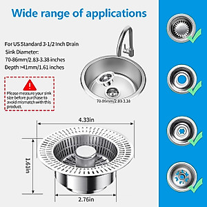 AAEJE【2024 New Upgrade】 3 in 1 Kitchen Sink Drain Strainer，Stainless Steel Pop Up Sink Drain Strainer，Kitchen Sink Stopper for US Standard 3-1/2" Drain