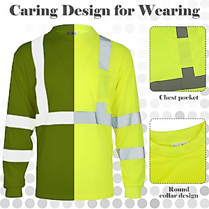 Amylove 4 Pcs Long Sleeve Reflective Safety T Shirt High Visibility Safety Shirts with Reflective Strips Men Women (Yellow,L)