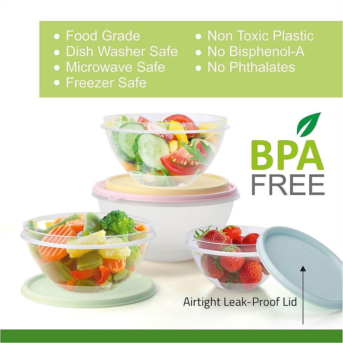 Food Storage Containers with Lids Set of 4 - 60oz, 40oz, 27oz, 13oz Meal Prep Containers Reusable Plastic – Food Safe Round Nesting Bowls with Airtight Leakproof Lids – Freezer and Dishwasher Safe