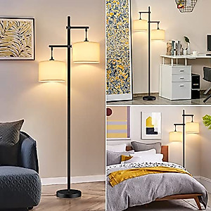 Modern Farmhouse Floor Lamp for Living Room, 2-Light 69.3in Tall Standing Lamp for Bedroom Office, Black Industrial Pole Light Reading Lamp, Stand Up Lights with White Fabric Shades & Foot Switch