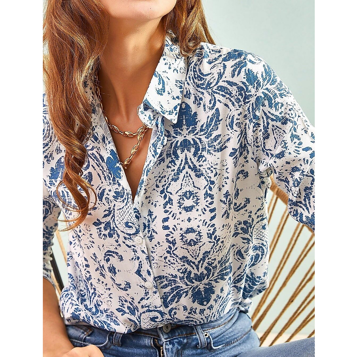 Blouses for Women Fashion, Casual Long Sleeve Button Down Shirts Tops (Blue Print, Medium)