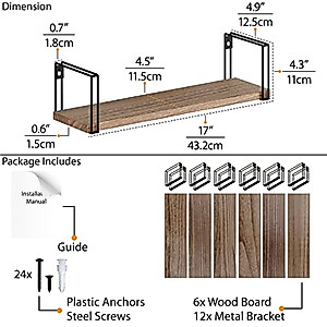 Wallniture Avila Floating Shelves, Wall Bookshelf Living Room Decor Shelves for Wall Storage, Kitchen Organization Home Office Decor DVD Storage Burnt, Set of 6