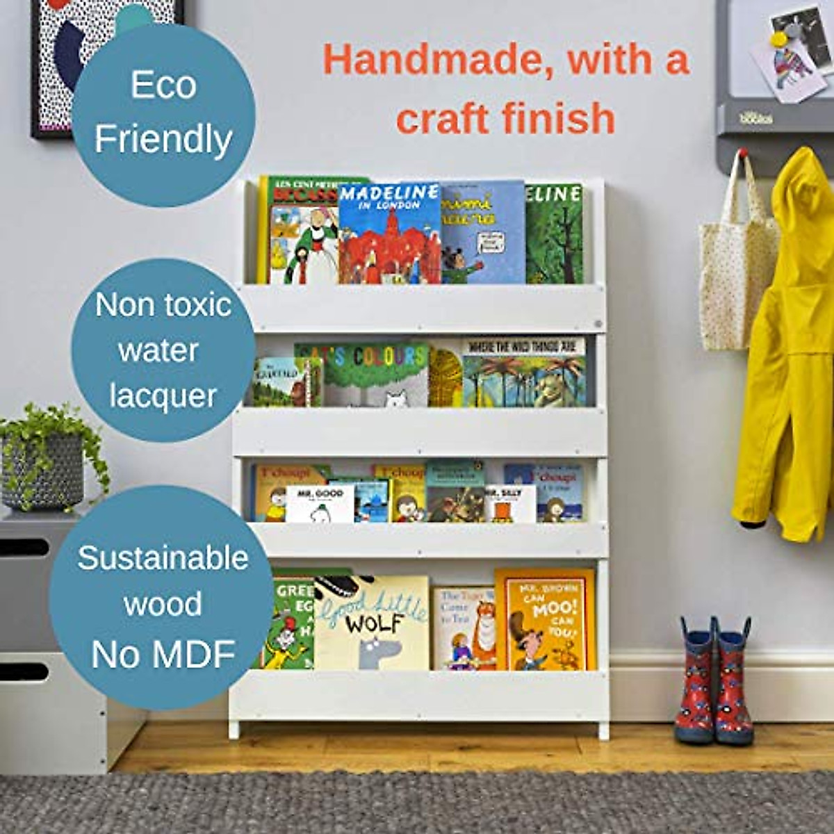 Tidy Books® Childrens Bookshelf (Age 0-10) Book Rack Storage for Kids, Wall Bookshelf, Front Facing Bookcase, 45.3 x 30.3 x 2.8 in, Wooden, White, Eco Friendly, Handmade, The Original Since 2004