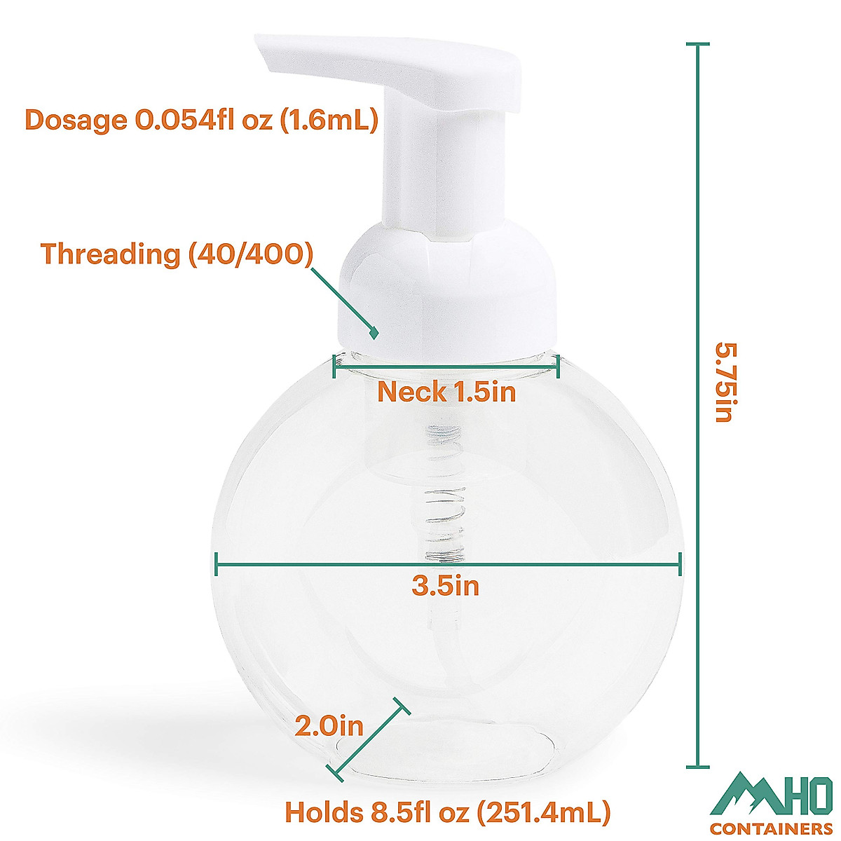 MHO Containers | Clear Foaming Soap Dispenser with White Pump Locking Mechanism BPA/Paraben Free PET Plastic 250mL/8.5fl oz - Set of 4