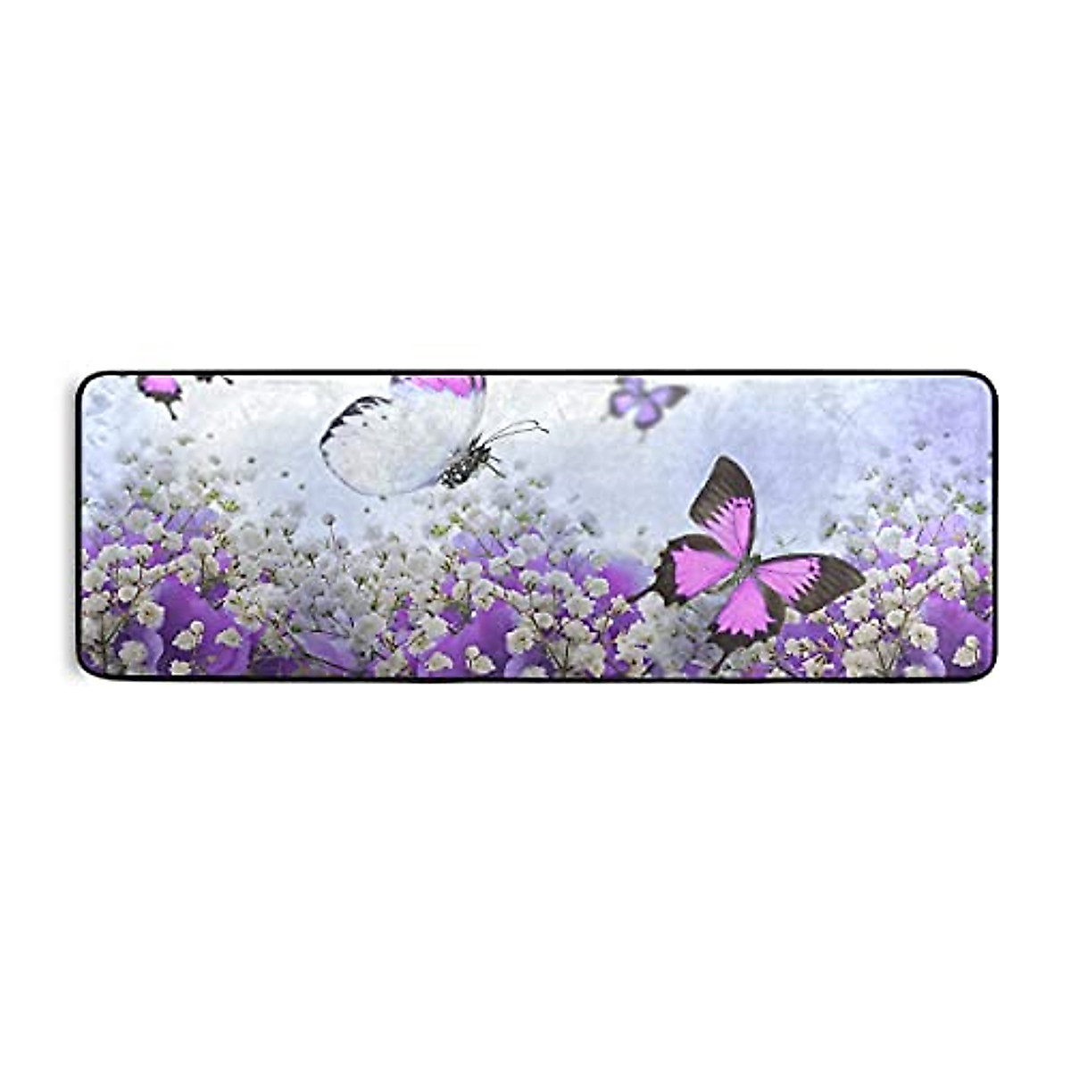 Purple Flowers and Butterflies Kitchen Rugs Non-Slip Soft Doormats Bath Carpet Floor Runner Area Rugs for Home Dining Living Room Bedroom 72" X 24"