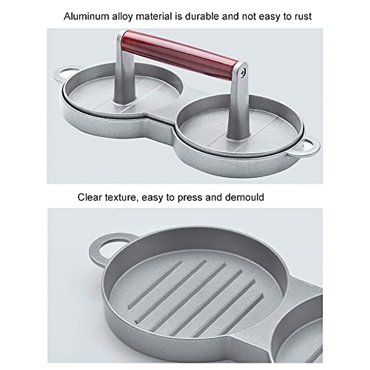 DJ.KEKAO Two at a Time Round Shape Hamburger Press Aluminum Alloy Hamburger Meat Beef Grill Burger Press Food Mold Kichen Tool with 100 Pieces Waxed Papers for Cooking (Two)