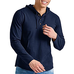 Hanes Comfortblend Men's Originals Tri-Blend Jersey, T-Shirt Hoodie with Henley Collar, Athletic Navy PE Heather, Large