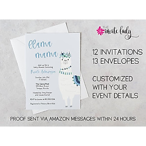 Llama Baby Shower Invitations Llama Mama Invites Blue Boy Boho Bohemian Fiesta Alpaca Custom Personalized Printed Cards (12 count)