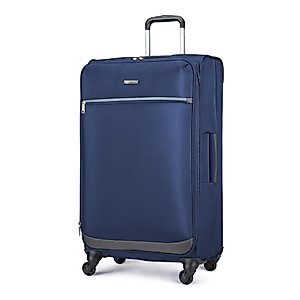 Amazon Basics Luggage, 30" Large Checked Softside Suitcase With Wheels With Four 360-Degree Multi-directional Spinner Wheels Expandable Space Zippered Pocket and Straps, Telescopic Handle, Navy Blue