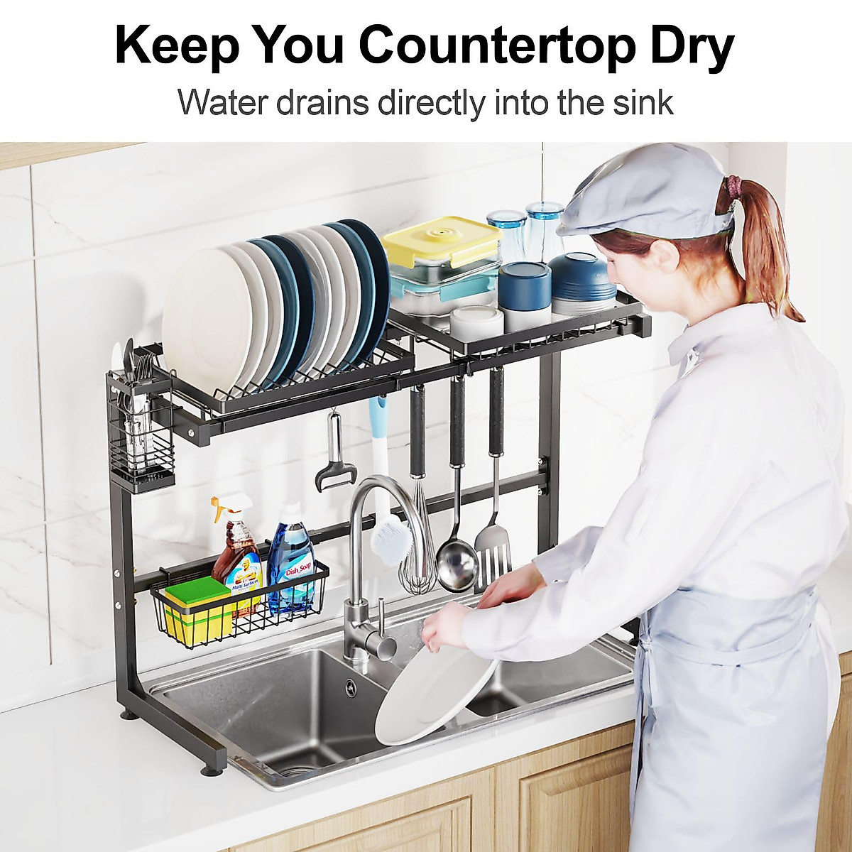 GSlife Over The Sink Dish Drying Rack - Length Adjustable (33.66~39.57") Dish Rack Over Sink Large Capacity, Rustproof Kitchen Dish Drying Rack, Above Sink Dish Rack, Black