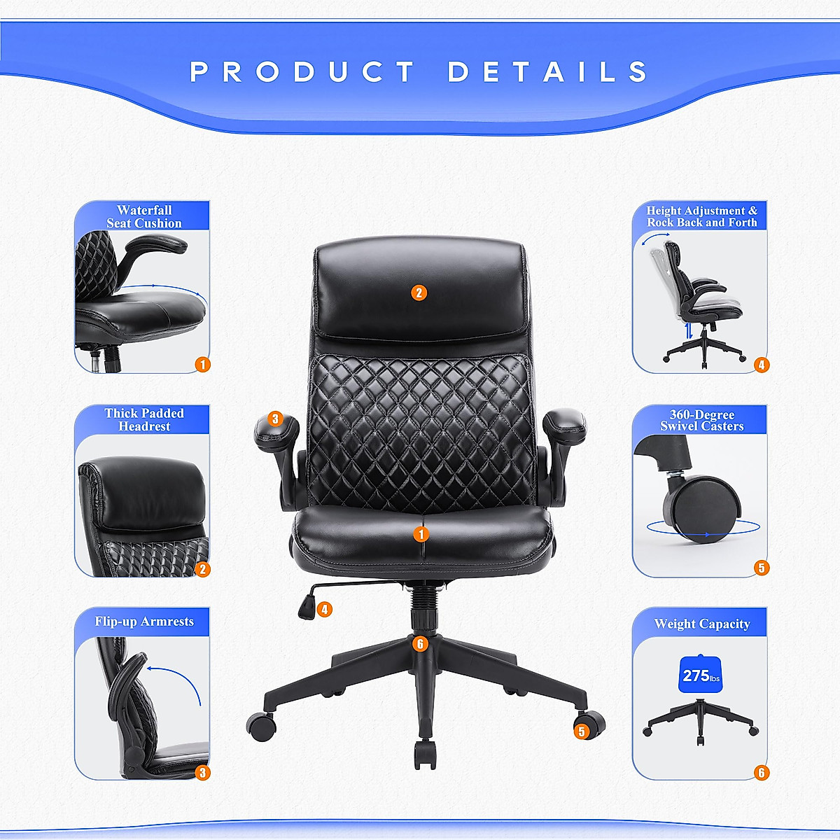 COLAMY Office Desk Chair-Executive Computer Chair, Ergonomic Leather Office Chair with Padded Flip-up Armrests, Adjustable Height Swivel Rolling Work Study Chair for Home Office Conference Room-Black