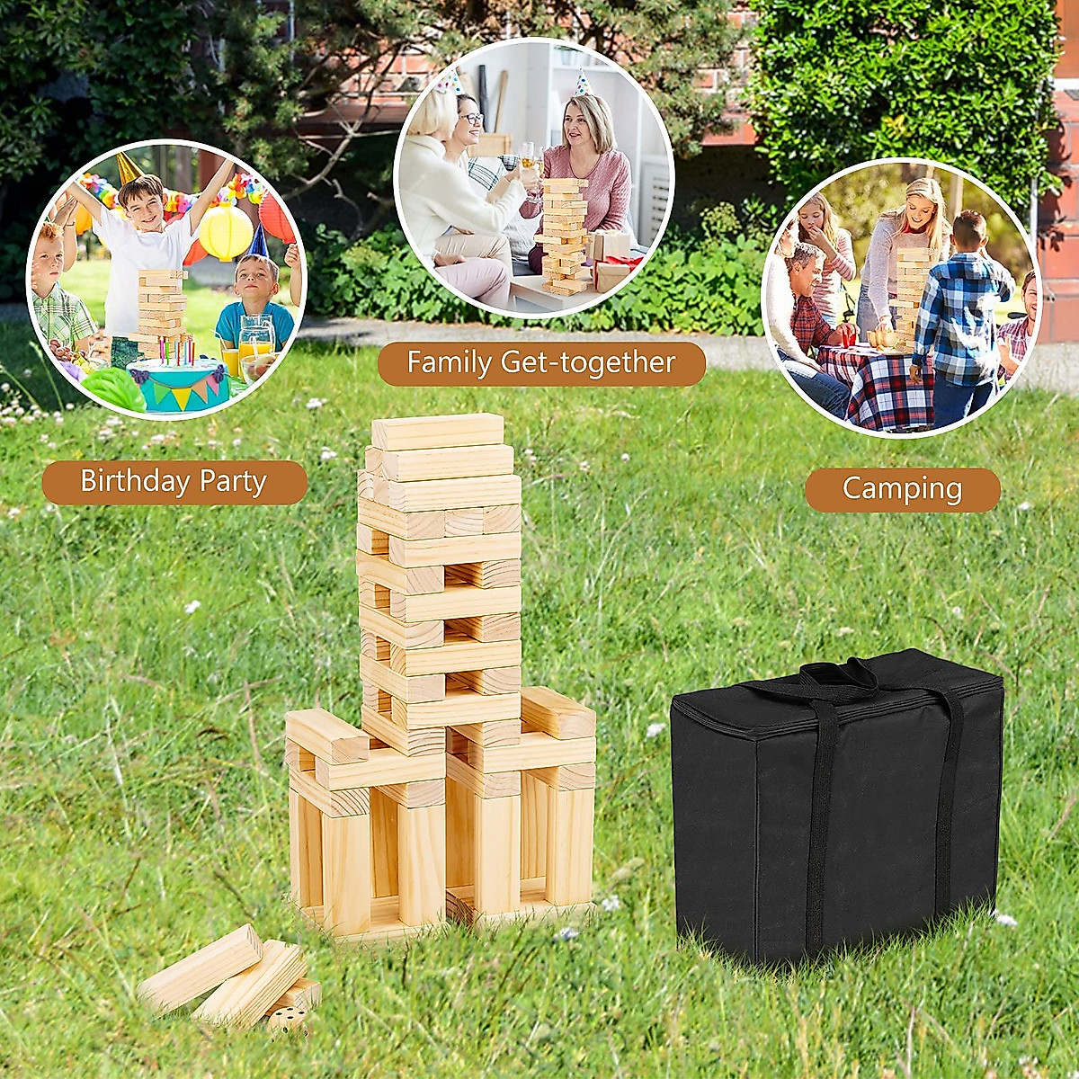 Costzon Giant Tumbling Timber Toy, 54PCS New Zealand Pine Wooden Block Stacking Game w/Carrying Bag, Attached Dice, Curved Edge, Yard Tower Game Fits Kid & Adult for Parties & Gathering Playing