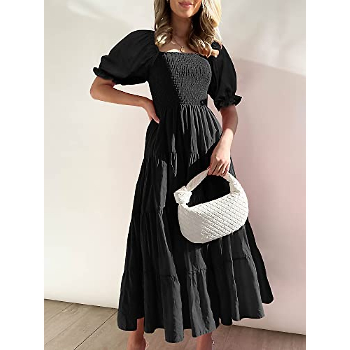 ANRABESS Women's Casual Summer Midi Dress Puffy Short Sleeve Square Neck Smocked Tiered Boho 2023 Spring Dresses for Wedding Bridal Shower 877heise-M Black