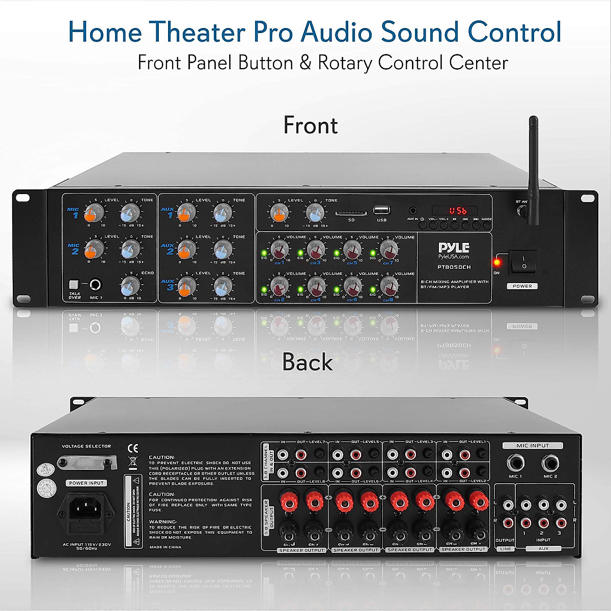 Pyle 8-Channel Wireless Bluetooth Power Amplifier - 4000W Rack Mount Multi Zone Sound Mixer Audio Home Stereo Receiver Box System w/ RCA, USB, AUX - For Speaker, PA, Theater, Studio/Stage - PT8050CH