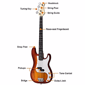 S AFSTAR Electric Bass Guitar 4 Strings Full Size Electric Bass with Amp Cord Strap & Carrying Bag, Rosewood Exquisite Stylish Bass Guitar for Starters Beginners Junior Senior Adults