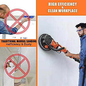 Goplus 750W Drywall Sander, Electric Foldable Sander Machine w/Dust-Free Automatic Vacuum System, 6 Variable Speed 800-1750 RPM, Double-Deck LED Lights, 12 Sanding Disks & Carrying Bag (Foldable)