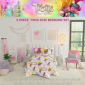 Franco DreamWorks Trolls 3 Band Together Kids 5 Piece Bedding Super Soft Reversible Comforter and Sheet Set with Sham, Twin, (Officially Licensed Product)