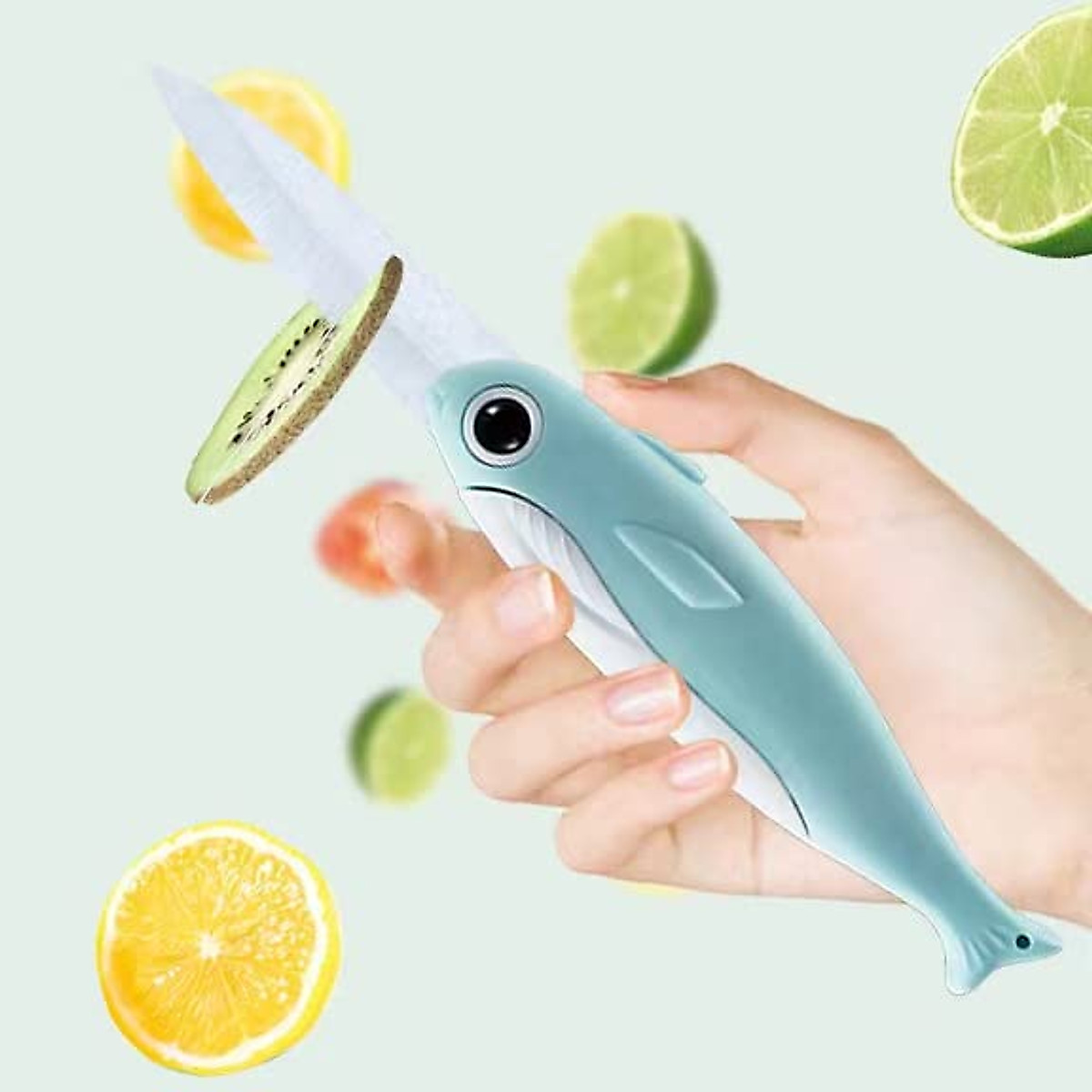 Folding knife, portable pocket ceramic knife for fruit, suitable for carrying super sharp mini fish shaped Ceramic Paring Knife when traveling (Blue)