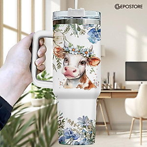 GEPOSTORE Christmas Gifts for Women Teens Girls, Just A Girl Who Loves Cow Tumbler 40oz with Handle, Cute Cow Travel Mug, Birthday Gifts for Farm Animal Lover