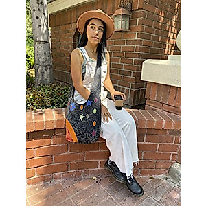 Elements of Nature Bohemian Hand-Stitched Hippie Hippy Shoulder Crossbody Monk Handbag in Black Large