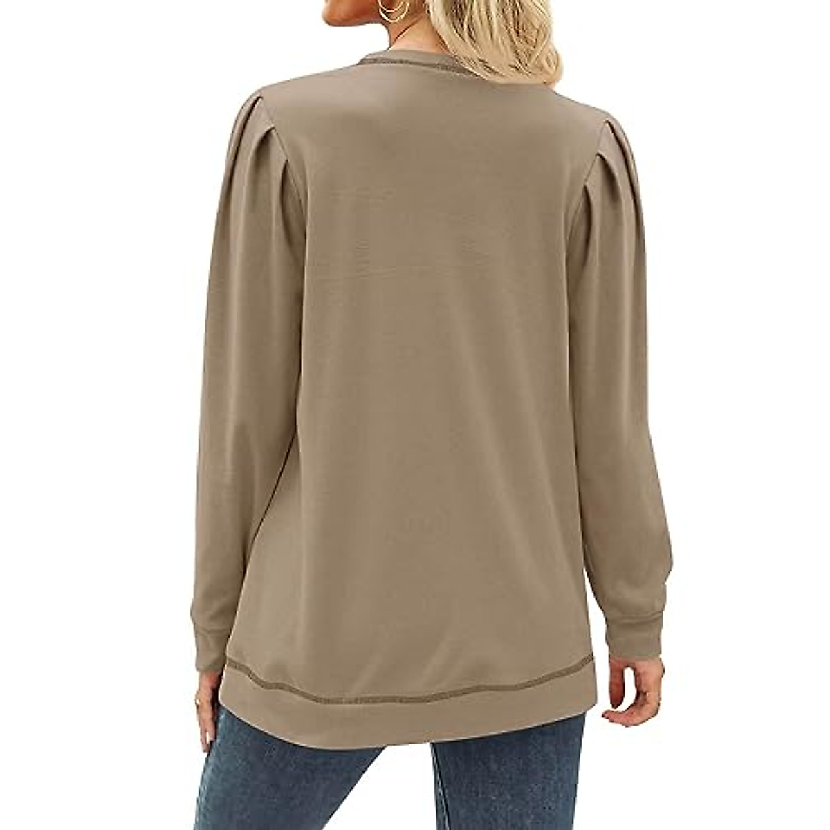 Langwyqu Women's Casual Long Sleeve Sweatshirts V Neck Loose Fit Solid Color Work Pullover Shirt Tops Khaki