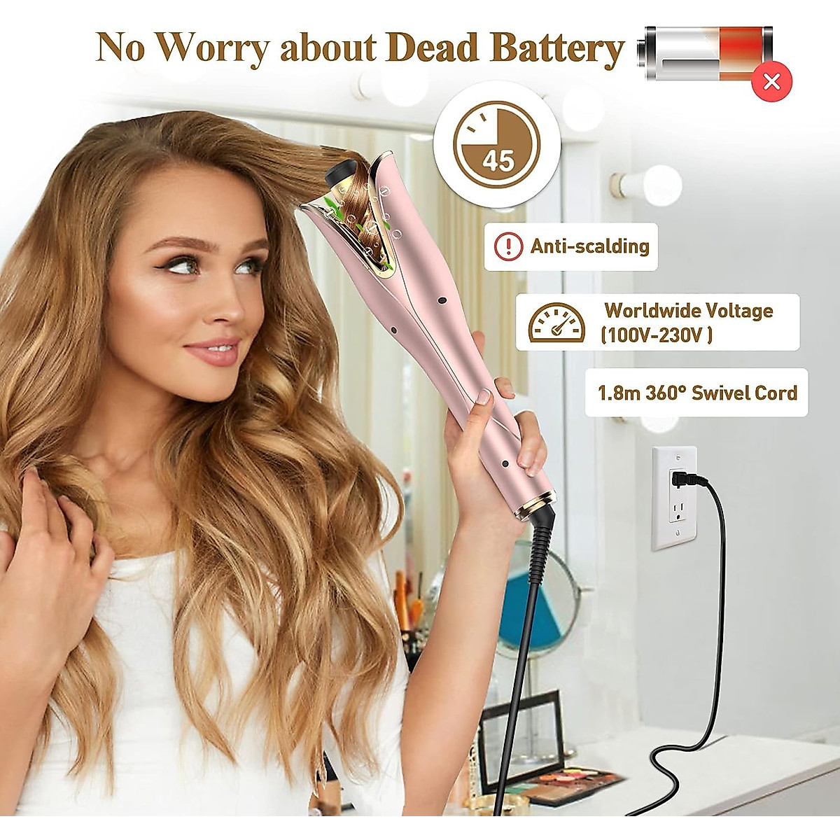 Auto Hair Curler, Automatic Curling Iron Wand with 4 Temperatures & 3 Timers & LCD Display, Curling Iron with 1" Large Rotating Barrel, Dual Voltage Auto Shut-Off Spin Iron for Hair Styling