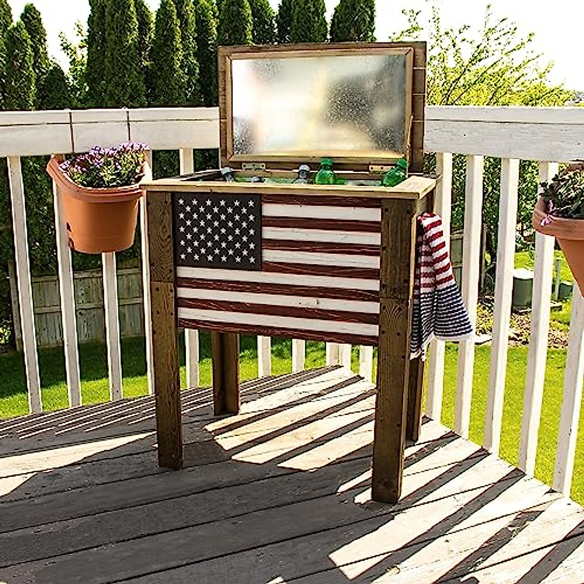 Wooden Patio Beverage Cooler for Porch, Deck or Patio - American Flag Design - 57 Qt - Backyard Expressions