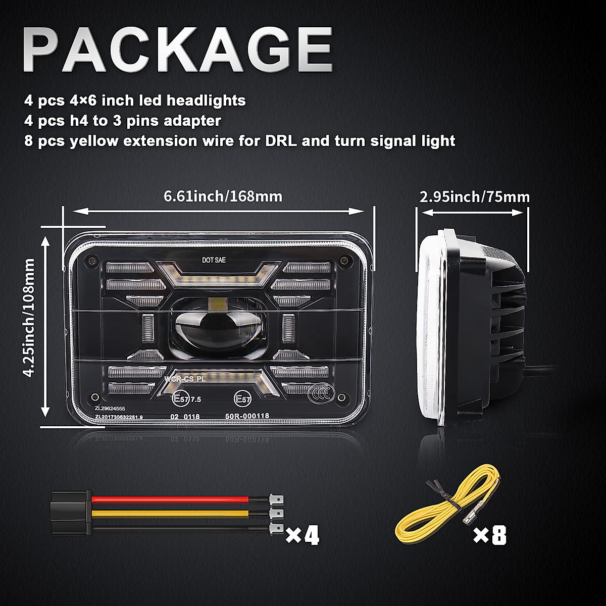 ZJUSDO 4x6 inch LED Headlights, Seal Beam Headlights Exclusive X Design White&Blue DRL Amber Turn Signal Compatible with Peterbilt Kenworth Ford Monte Carlo Oldsmobile