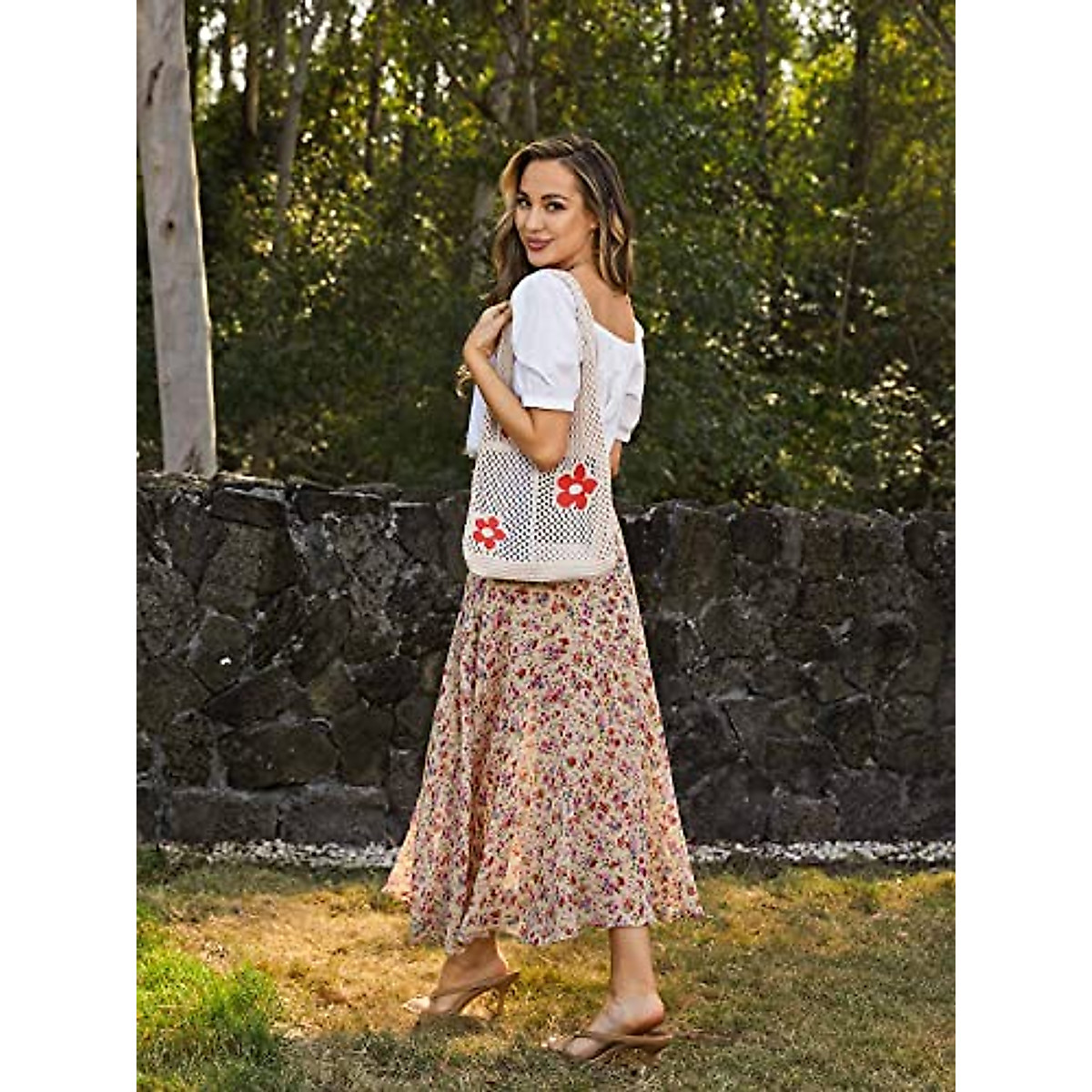 CATMICOO Crochet Mesh Beach Tote Bag Summer Aesthetic Knit Bag for Women