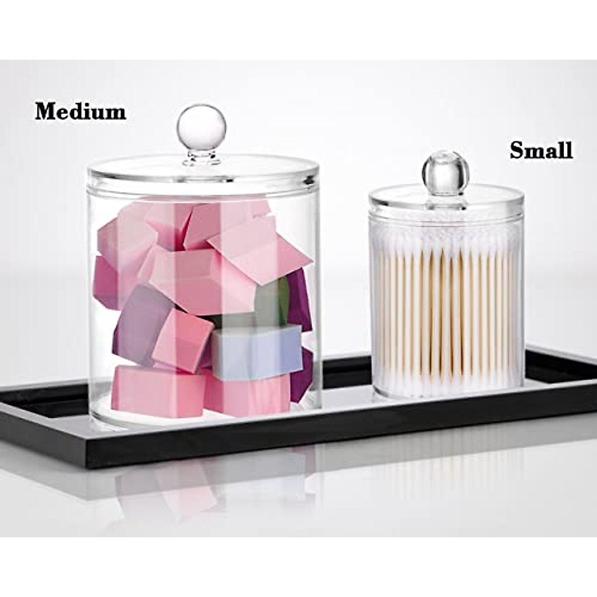 Qtip Holder Storage Organizer Set, 4 Pcs Clear Plastic Apothecary Jar with Lid, Bathroom Organizer Canister for Cotton Ball, Cotton Swab, Cotton Round Pads, Floss, Bath Bombs, Spa Salts, Powder Puffs