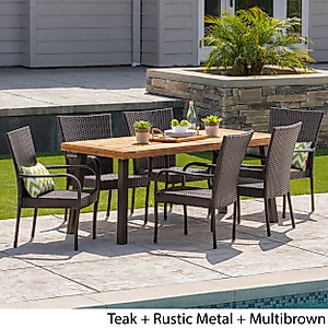 Christopher Knight Home Leopold Outdoor 7-Piece Acacia Wood/Wicker Dining Set | with Teak Finish | in Multibrown, Rustic Metal