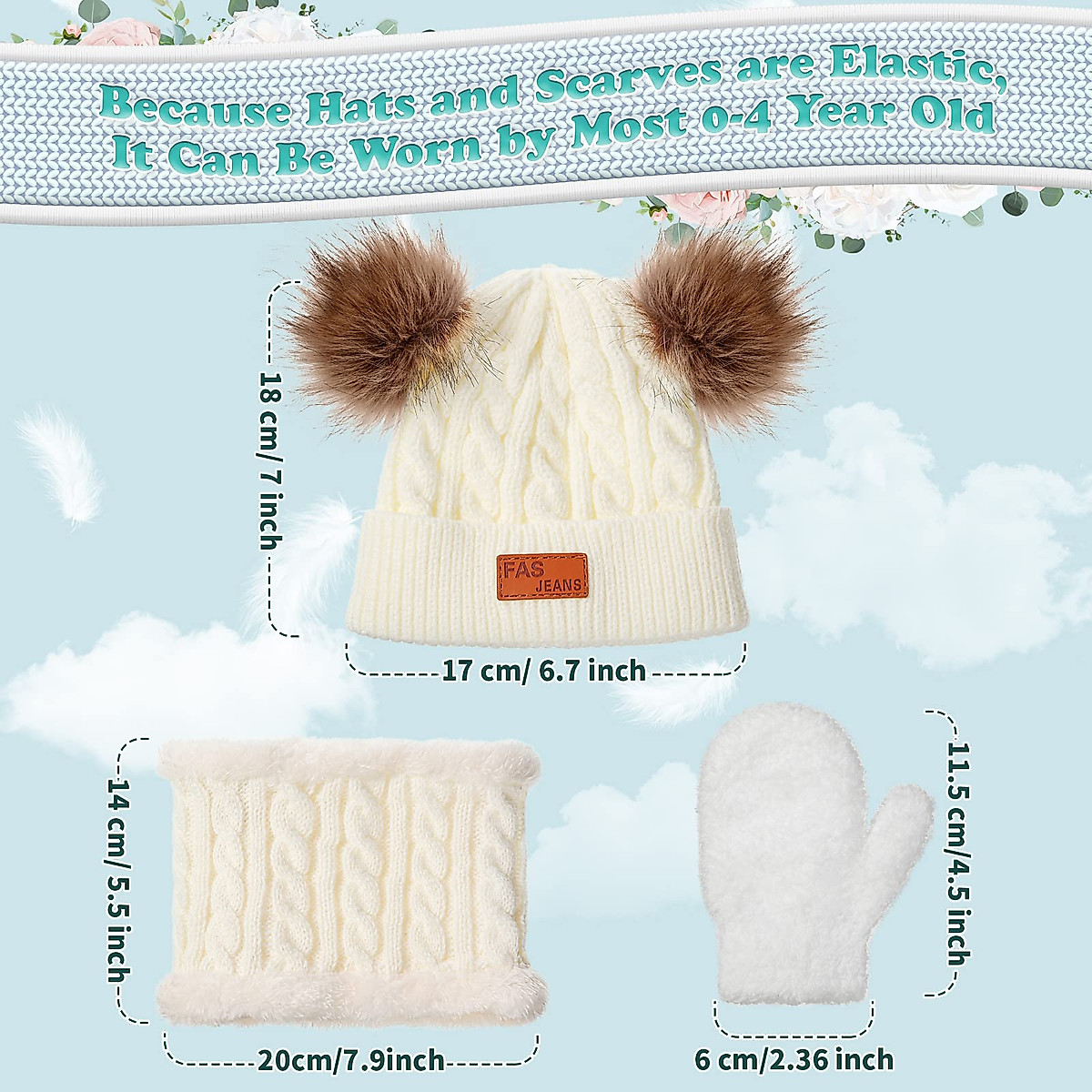 6 Pcs Toddler Winter Hat and Gloves Set with Neck Warmer Kids Pompom Hat Knitted Beanie Mittens for Baby Boys Girls 0-4 Year(Black, White)