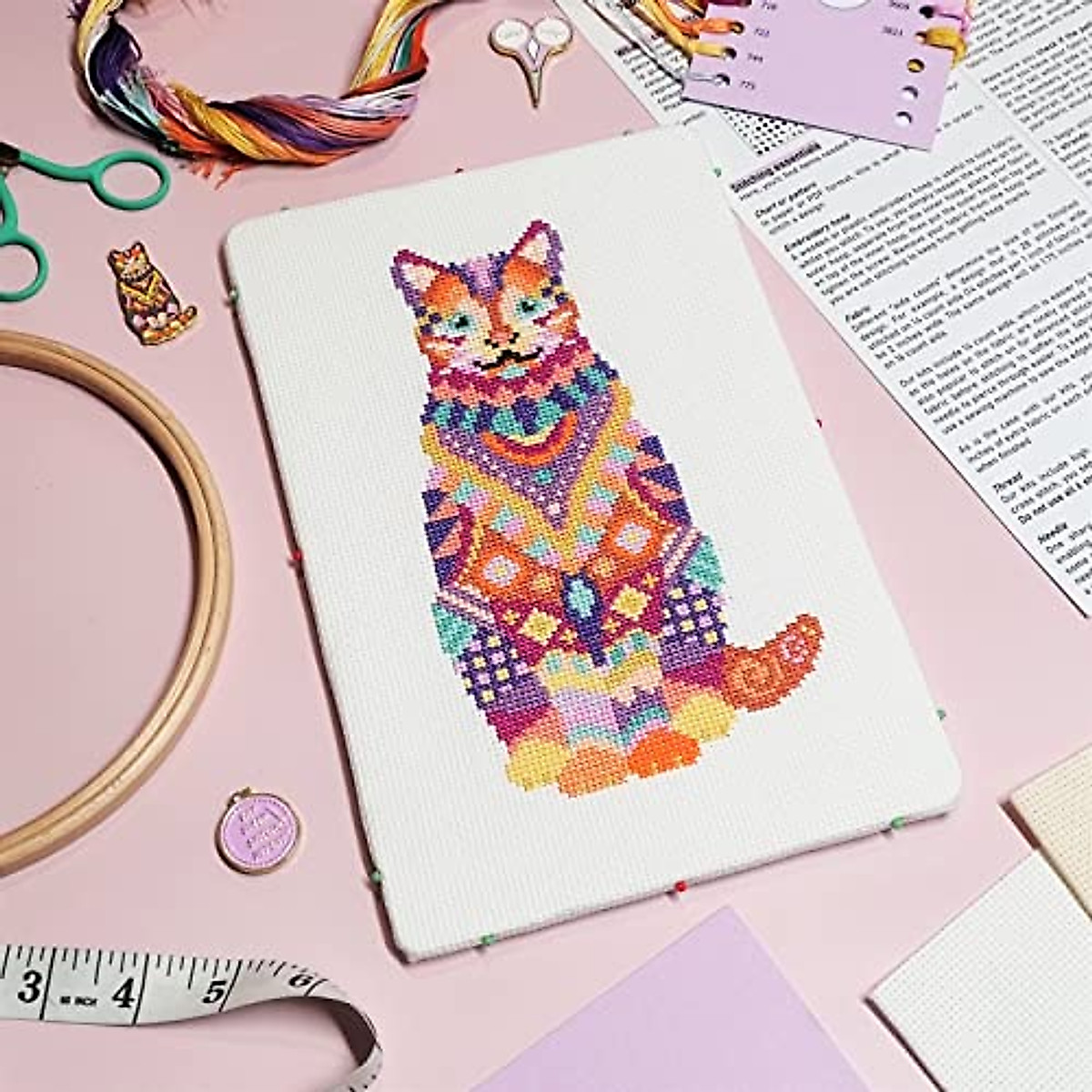 Meloca Designs Mandala Cat Counted Cross Stitch Kit with 14 Count Aida Fabric, Thread, Needle and Instructions