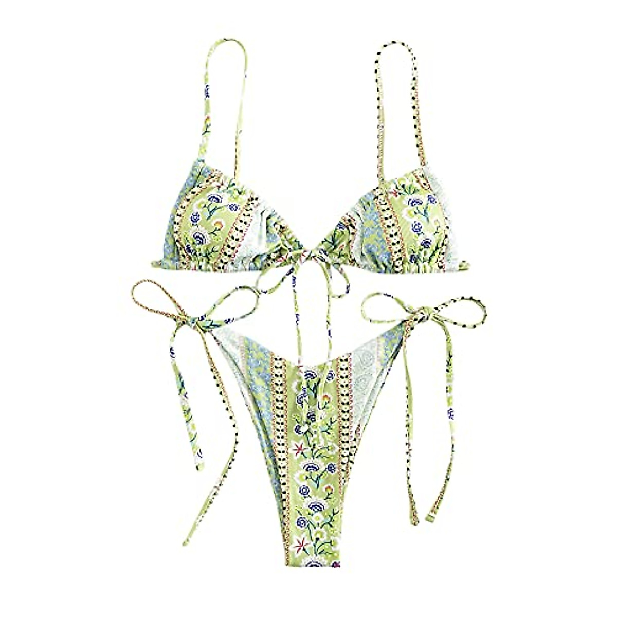 WDIRARA Women's Floral Print Tie Side Swimwear Straps Bikini Sets Swimsuits Green S