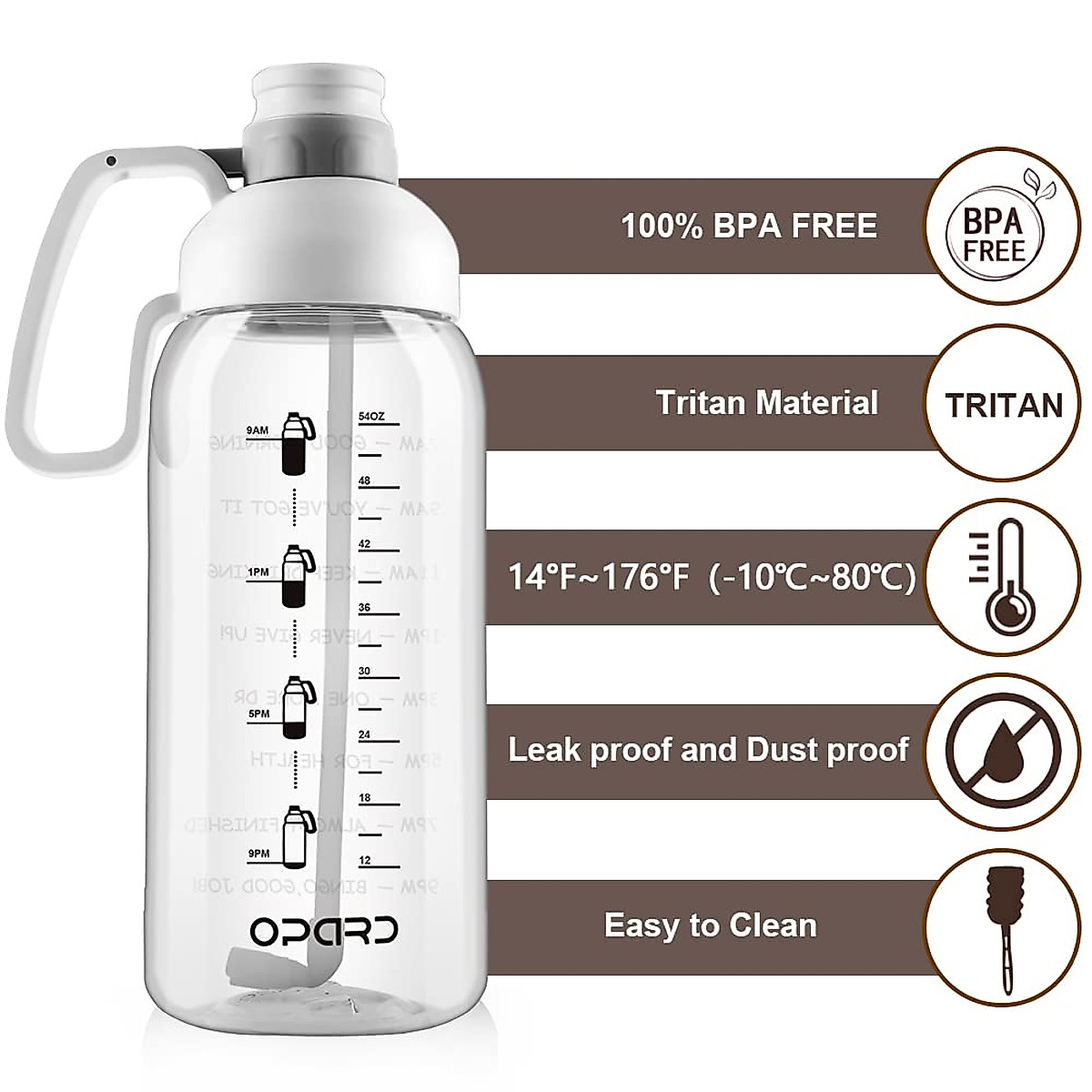 Opard Half gallon Water Bottle with Time Marker, 64oz Motivational Water Jug Large Sports Water Bottle with Straw Handle BPA Free for Gym Fitness (White)