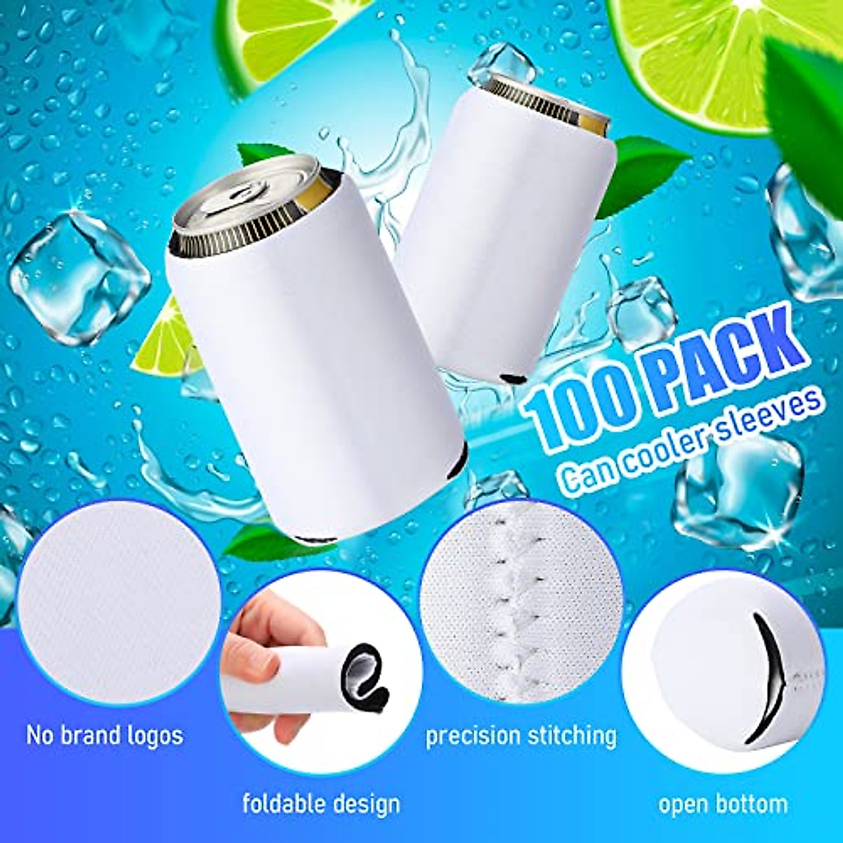 100 Pack White Blank Can Cooler Sleeves Neoprene Insulated Beer Sleeves for Can Cooler Sleeves Personalized Sublimation Sleeves for Soda Drink Water Bottle Birthdays Weddings Bachelorette Party
