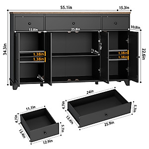 HIFIT 55" Large Kitchen Buffet Cabinet with Storage Drawers, Farmhouse Sideboard Buffet Table Storage Cabinet with Doors and Shelves, Wood Coffee Bar Cabinet for Kitchen Dining Living Room, Black