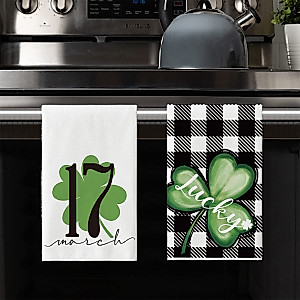 Artoid Mode Buffalo Plaid Clover Shamrock Lucky Charm St. Patrick's Day Kitchen Towels Dish Towels, 18x26 Inch Seasonal Kiss Me Hat Decoration Hand Towels Set of 4