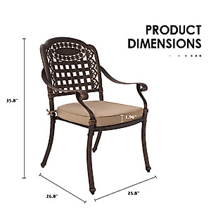 MAGIC UNION 2 Pieces Patio Dining Chairs, Outdoor Cast Aluminum Chairs with Armrest, Patio Bistro Chair Set of 2 for Garden, Backyard, Deck (2pcs A- Grid Chair with Khaki Cushion)