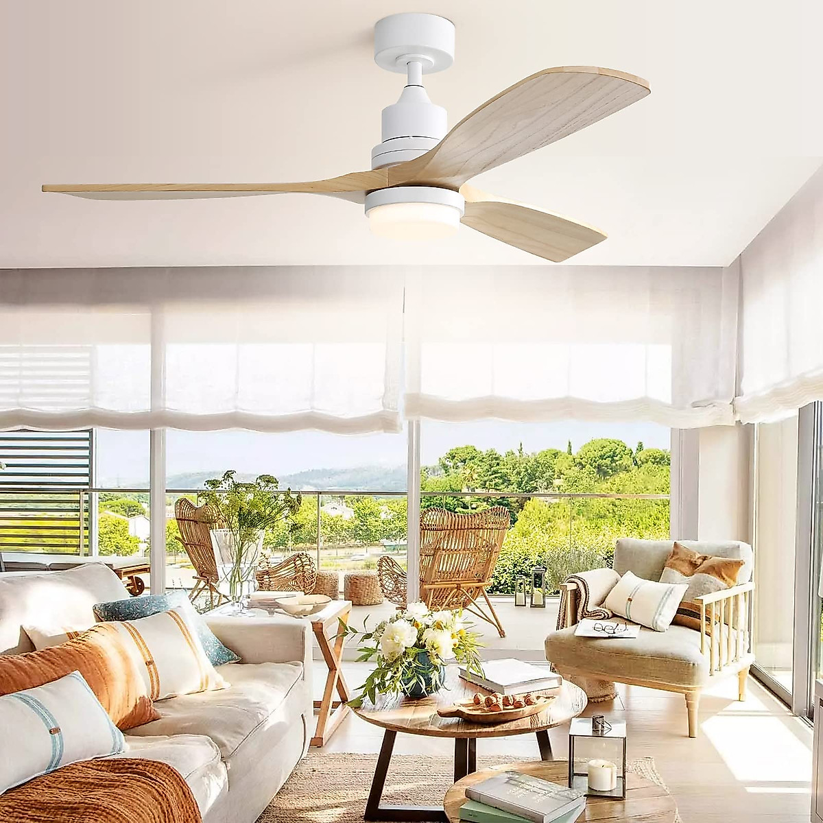 Sofucor 52 Inch Ceiling Fan with Lights Modern Wood Ceiling Fan Remote Control Dimmable LED Light 3 Blades Reversible DC Motor for Farmhouse Bedroom Living Room Patio with Cover(burlywood)