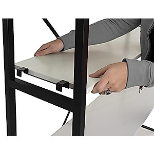 Displays2go Portable Shelving Display with 4 Tiers, Floor Standing, Paulownia Wood - White (SMPSU1SU)