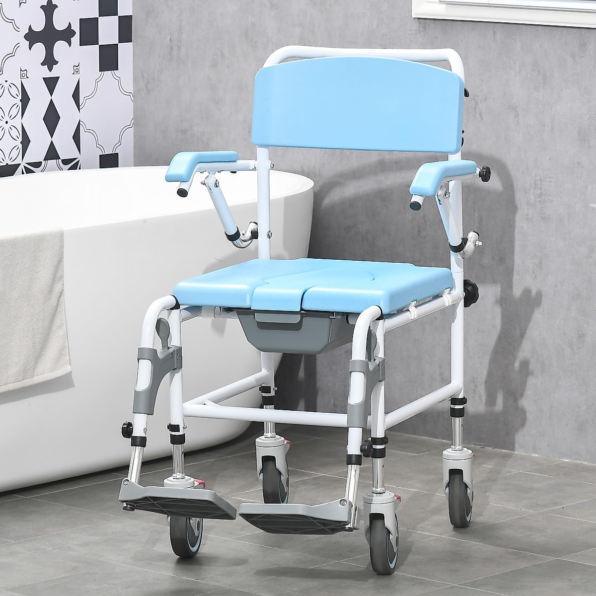 HOMCOM Accessibility Commode Wheelchair, Rolling Shower Wheelchair with 4 Castor Wheels, Rectangle Detachable Bucket, & Waterproof Design, 17" Seat Width, Blue