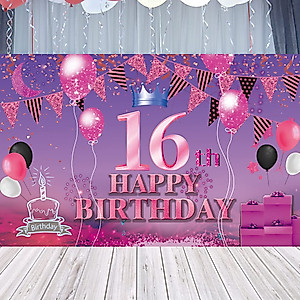 Happy 16th Birthday Backdrop Banner Pink Purple 16th Sign Poster 16 Birthday Party Supplies for Anniversary Photo Booth Photography Background Birthday Party Decorations, 72.8 x 43.3 Inch