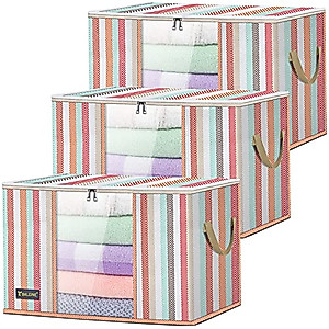 BALEINE 3PK SOFT Premium Oxford Closet Storage Bags for Comforters, Bedding and Clothes, Heavy-Duty Foldbale Clothing Storage Bag with Clear Window, Reinforced Handles & Sturdy Zippers (Large, Color Stripe)