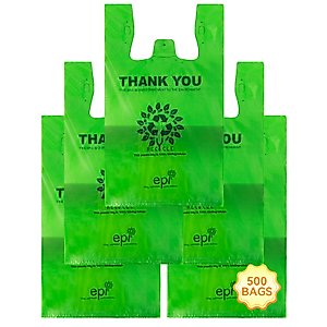 [500 per box] | Recyclable Compostable Reusable Biodegradable Plastic T-Shirt Bags | Grocery Shopping Bags | Green Eco Plastic Bags (500 per box) | T-Shirt Carryout Bags 500 count Restaurant Quality, Durable, Reusable and Econ Friendly | Measures 11. 5" X