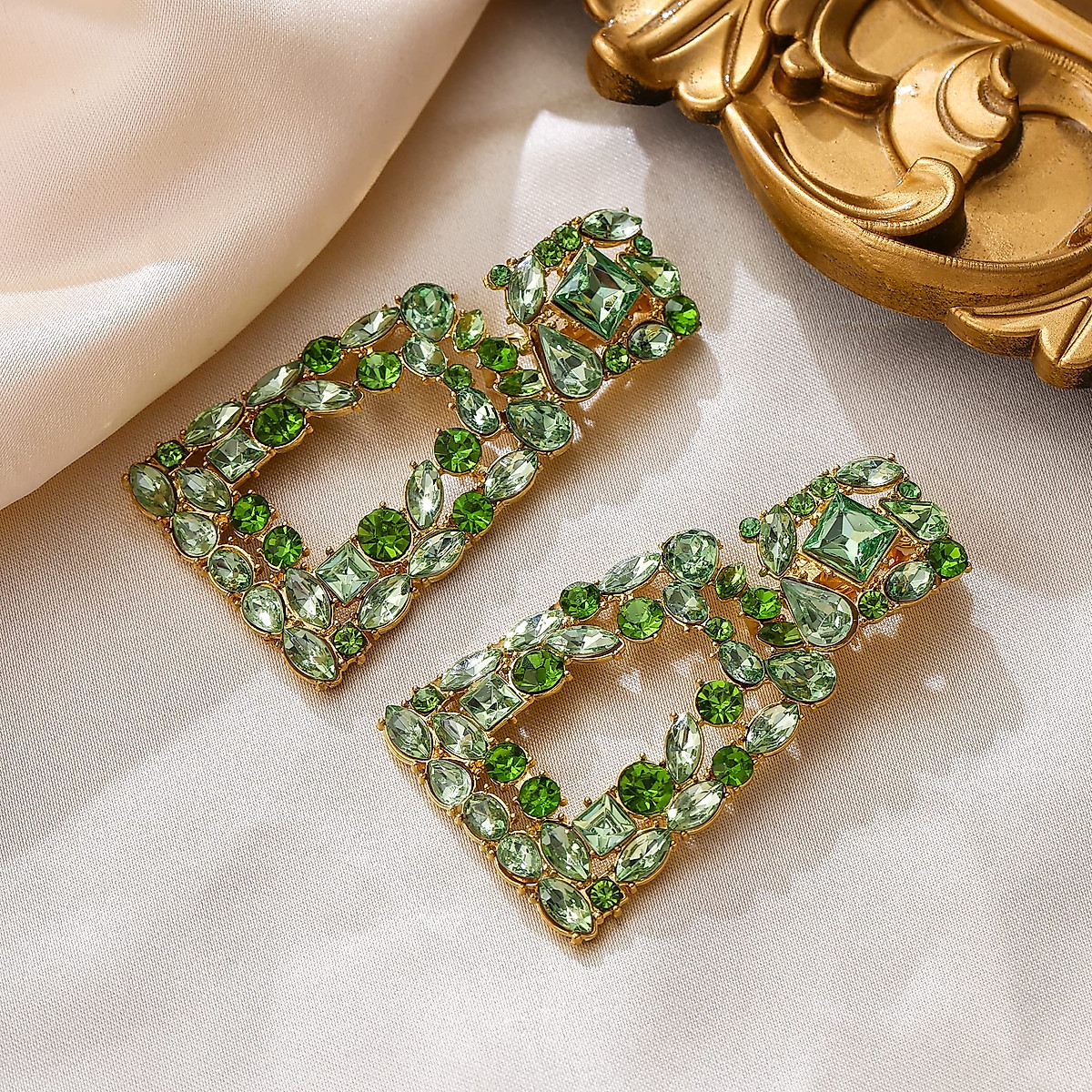 Flyonce Rectangle Clip-on Drop Earrings for Women, Sparkly Rhinestone Crystal Geometric Statement Non Pierced Earrings Light Green